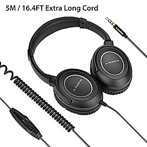 Avantree HF039 Long Coiled Cord Headphones for TV and PC with Volume Control, Stero/Mono Control,16.4 Feet / 5M Extended Range Cable, 3.5mm AUX Audio, Stereo Sound Spiral Wired Over Ear Headphones