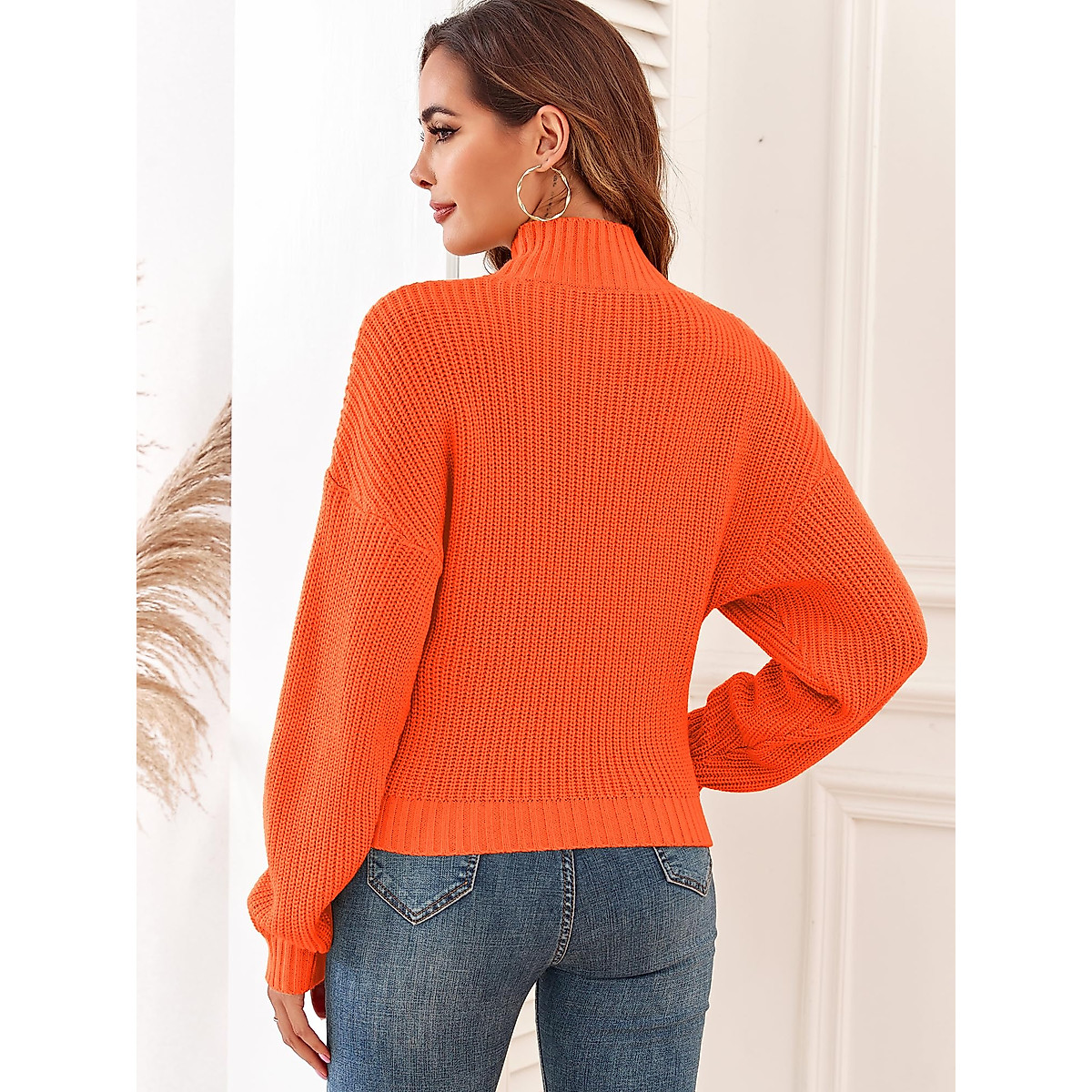 ZAFUL Women's Cropped Turtleneck Sweater Lantern Sleeve Ribbed Knit Pullover Sweater Jumper (1-Orange, M)
