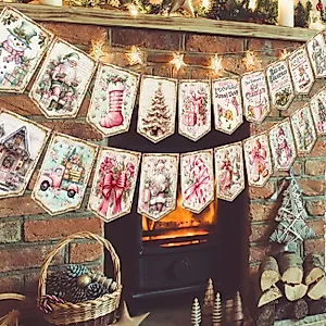 Pink Christmas Decorations Vintage Style Christmas Banner, Traditional Retro Santa Claus Bunting Vintage Merry Christmas Decorations for Indoor Fireplace Home Office Christmas Holiday New Year Party