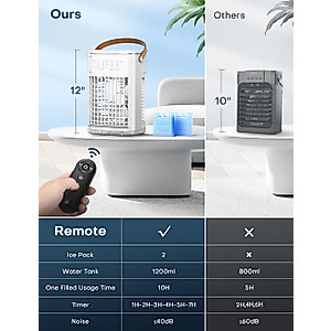 TEMEIKE 4-IN-1 Personal Air Conditioner w/Remote, 2 Ice Packs, 1200ML Tank, 7H Timer for Smart Auto-Off,2 Cool Mist,3-Speed Small Portable Air Conditioner, 7-LED Light Evaporative Air Cooler for Room