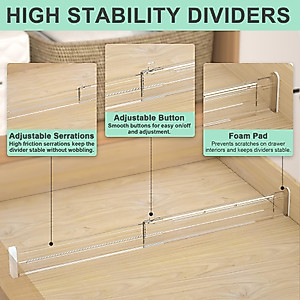 FUNIZE Expandable Drawer Dividers 4 Pack, 2.36" High, 12.6-22.8 Clear Drawer Organizers for Utensils, Clothes, Adjustable Kitchen Drawers Separators in Dresser, Bedroom, Bathroom, Office Storage