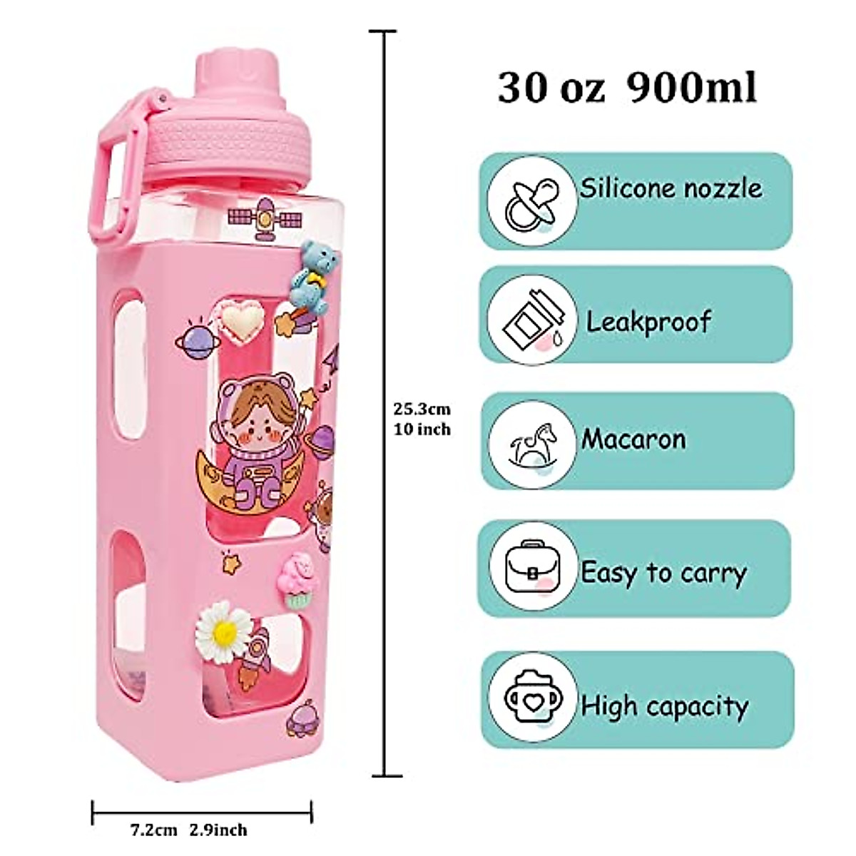 Fanovo Kawaii Water Bottle for Girls, Cute Kids Water Bottles with Straw, Carton Water Jug Large Square Drinking Bottle, Portable Leakproof Aesthetic Water Cup + 3D Stickers/Shoulder Strap, 30 oz