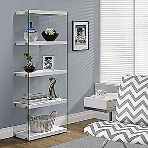 Monarch Specialties I Bookcase-5-Shelf Etagere Bookcase Contemporary Look with Tempered Glass Frame Bookshelf, 60"H, (White)