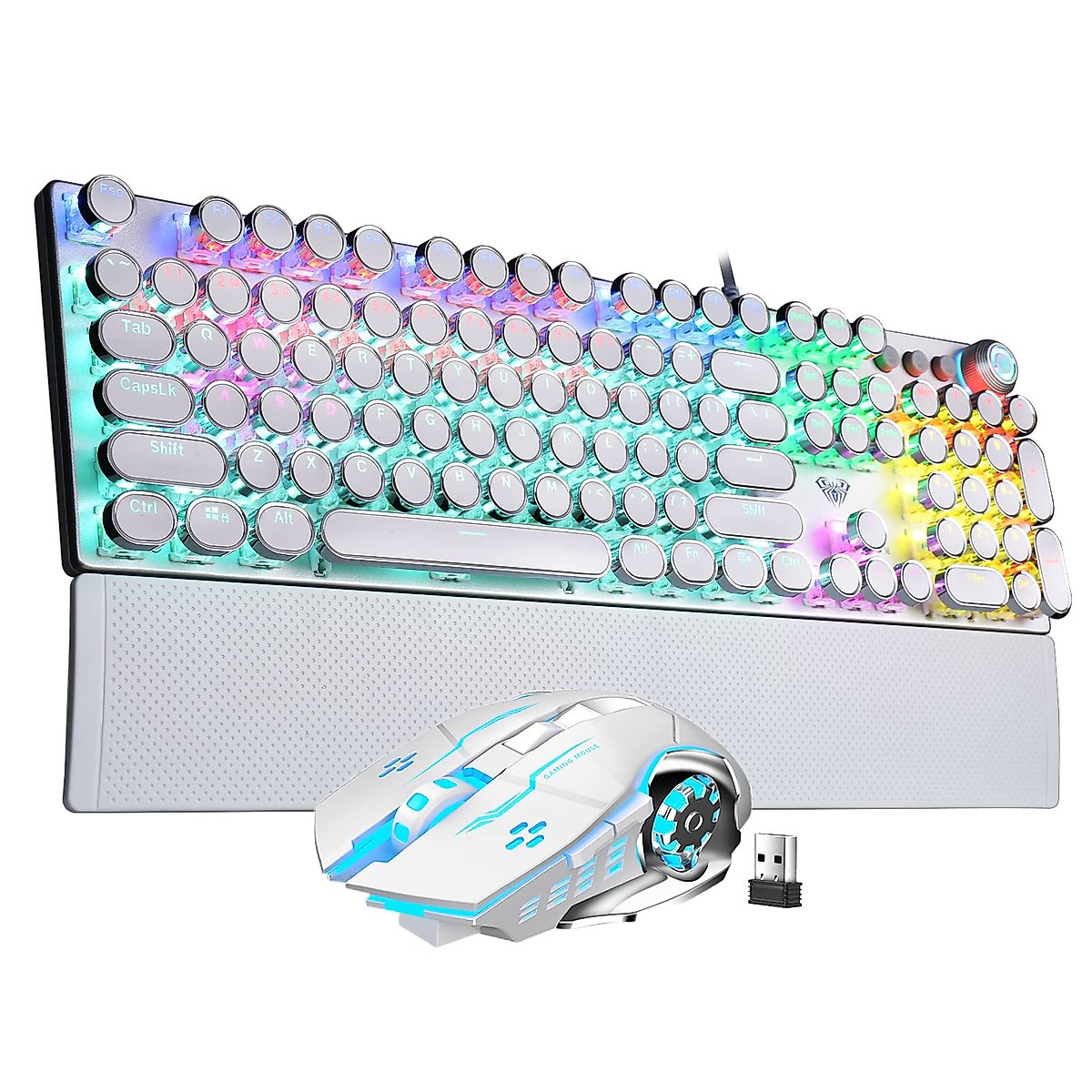 AULA White Gaming Keyboard and Mouse Combo (F2088 Typewriter Style Mechanical Keyboard Wired + SC100 Wireless Gaming Mouse), LED Rainbow Backlit Keyboard Mouse Set