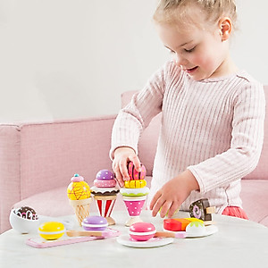 New Classic Toys Wooden Ice Cream Set Pretend Play Toy for Kids Cooking Simulation Educational Toys and Color Perception Toy for Preschool Age Toddlers Boys Girls