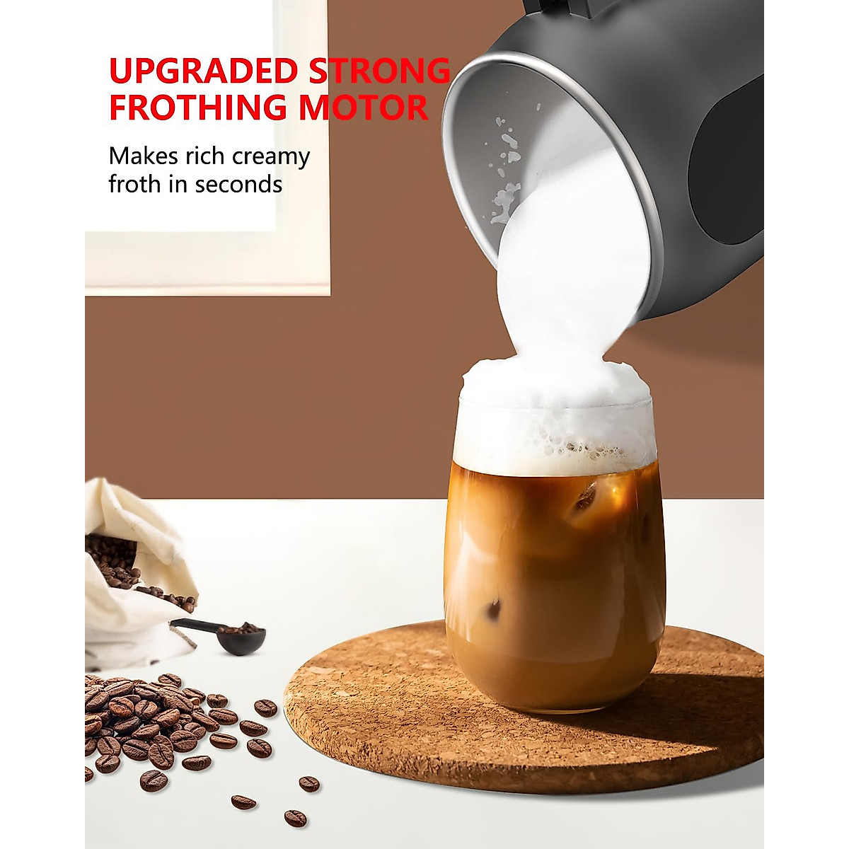 MOFOKEAY Upgraded Milk Frother and Steamer, Frother for Coffee, 4-in-1 Automatic Hot and Cold Foam Maker, Electric Milk Steamer, Auto Shut-Off Frother for Latte, Cappuccinos, Macchiato & Hot Chocolate