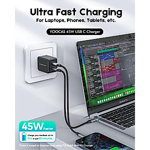 Yoocas 45W Super Fast Charger USB C,2 Ports Type C Wall Charger,Mini Foldable PD PPS Gan Charger Block for Galaxy S23 Ultra,Note 20,iPhone 15,iPad Pro,Laptop,MacBook Power Adapter,Steam Deck-Black