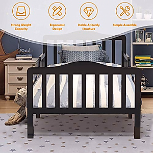 Costzon Toddler Bed, Classic Wood Kids Bed Frame w/Double Safety Guardrail, Low to Floor Design, Wooden Slat Support, Fits Full Size Crib Mattress, Bedroom Furniture for Boys & Girls (Black)