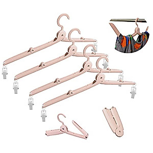 Fineget Foldable Travel Clothes Hangers with Clips Portable Plastic Clothing Coat Carry-on Hangers Saving Space Hangers Light Weight Drying Rack for Travel Pink (4 Pcs + 8 Clips)