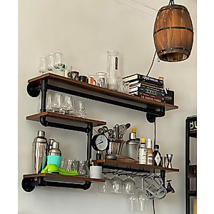 HEONITURE Bar Shelf Industrial Pipe Shelving 4 Stem Glass Holder,39in Floating Wine Rack Wall Mounted Shelves,Hanging Liquor Shelves,Display Rack Home Bar Living Room Black 7.87Dx7.87Wx23.6H''