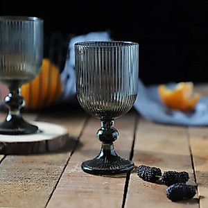 KooK Vintage Ribbed Wine Glasses, Ribbed Glassware, Colored Wine Glasses, Goblet, Art Deco, Set of 4, 13 oz, for Water, Wine, Stemmed Drinking Glasses, Embossed Pattern, Wedding Party Bar, Black,