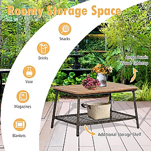 Tangkula 5 Piece Patio Furniture Set, Patiojoy Outdoor PE Wicker Sectional Sofa Set with 2-Tier Coffee Table, Acacia Wood Tabletop, Storage Shelf, Patio Conversation Set with Cushions (1, Off White)