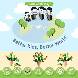 PlanToys Balancing Cactus Toy - Colorful Sustainably-Made Wood Balance Game for 1-4 Players with Base and 18 Cactus Branches to Build Without Toppling