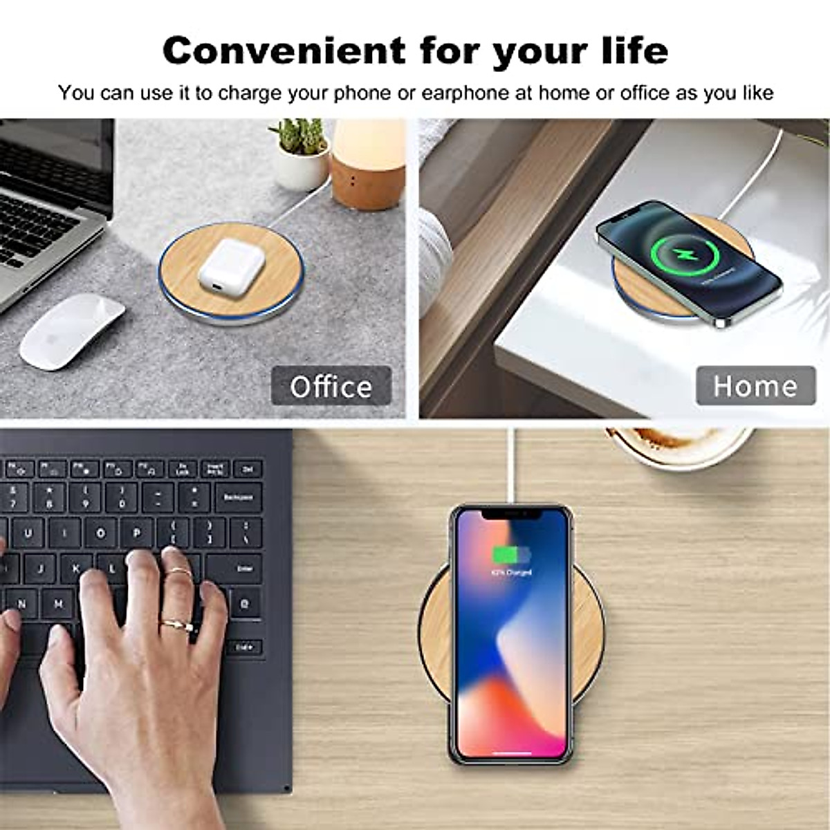 15W Fast Wireless Charger Pad, Eco Friendly, Walnut Wood, Bamboo, Compatible with Qi Enabled Devices (Bamboo)