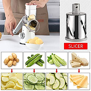 Rotary Cheese Grater Cheese Shredder - Cambom Round Mandoline Slicer Vegetable Slicer Walnuts Grinder with Strong-Hold Suction Cup Base and Cleaning Brush