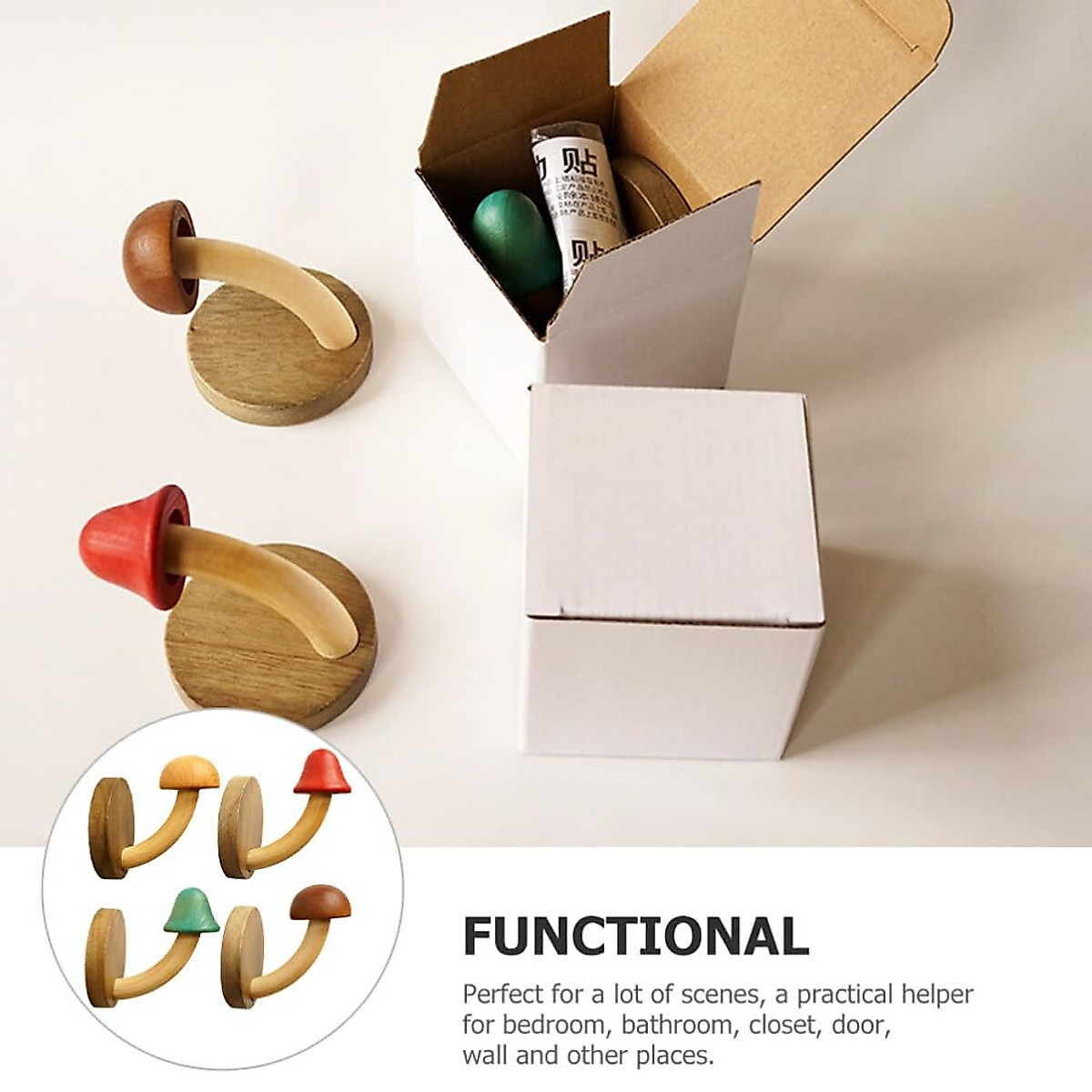 PRETYZOOM Mushroom Wall Hooks: 4pcs Wooden Mushroom Wall Hanging Hook, No Punching Wall Hanger, Decorative Wall Hook Hooks for Hanging Towels Hat Coat