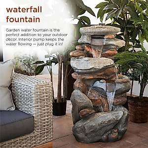 Alpine Corporation WIN316 Outdoor Floor 4-Tiered Rock Water Fountain for Garden or Patio with Natural Stone Look, 40", Light Gray