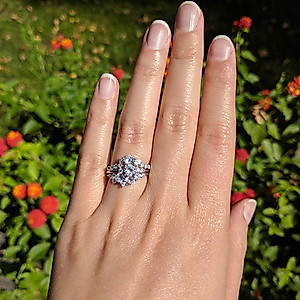 TwoBirch Floral Design Ying Yang Ring Guard and Engagement Ring Bridal Set (2 Rings) Diamond Simulant White Gold (Size 9)
