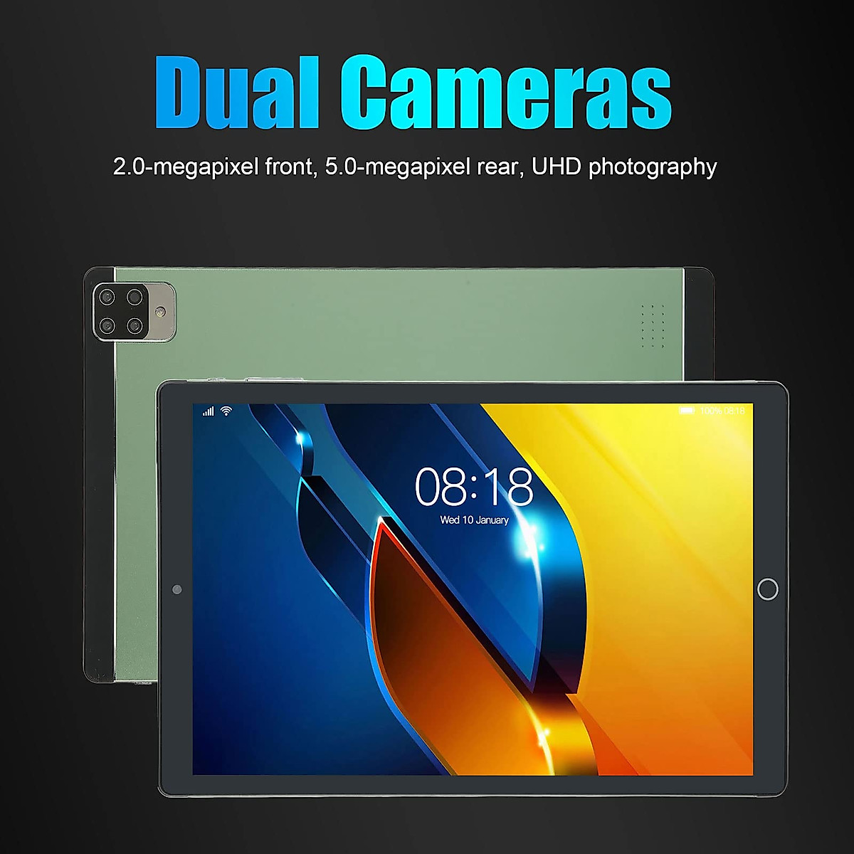 DAUZ HD Tablet, 8800mAh Green 10.1 Inch Tablet Front 200w Rear 500w for Study for Android 12 (US Plug)