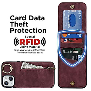 Nunwiza for iPhone 14 Case/iPhone 13 Case Wallet with Card Holder, Leather Protective Case Purse with Ring Holder for Apple iPhone 14 6.1 inch Wine Red