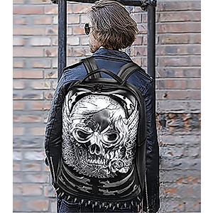 AIBAG 3D Skull Head Backpack, PU Leather Gothic Cracked Rivets Studded Cool Laptop Backpack Large College Bookbag, Gold