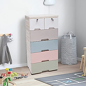LOYALHEARTDY Plastic Drawers Dresser with 6 Drawers Storage Cabinet Closet Drawers Cabinet 5 Layer Office Storage Organizer for Clothes Toys File with 2 Lock