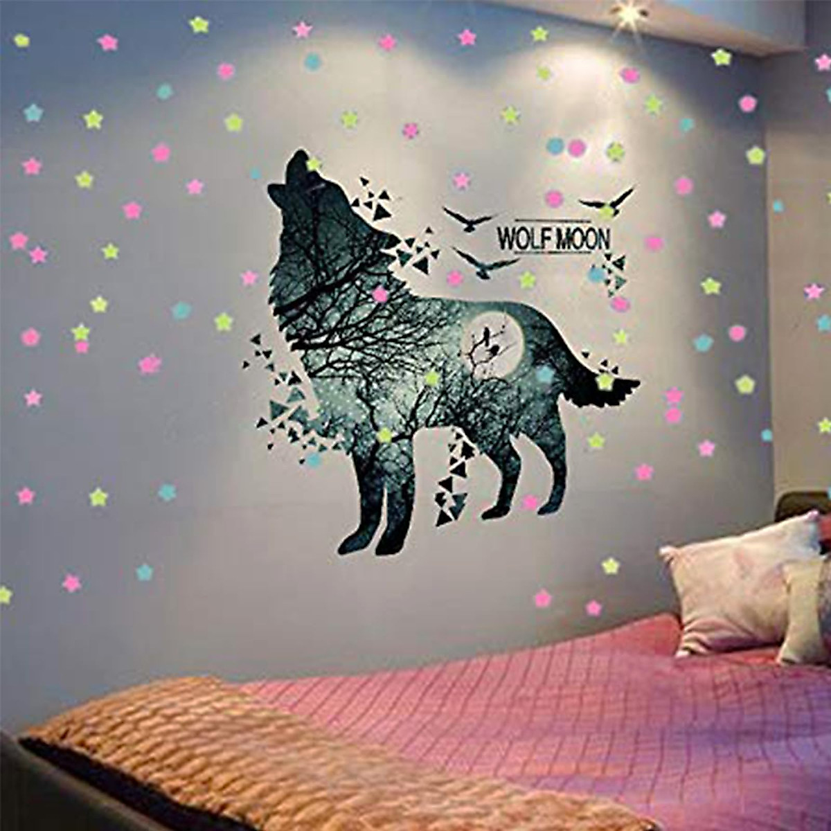 AMODA Funny Dinosaur Wall Decals Removable Boys Nursery Room Wall Art Murals Stickers Creative Dinosaur Story Kids Room Decor-23.6 x 35.4Inch (Dinosaur Story) (Moon Wolf)