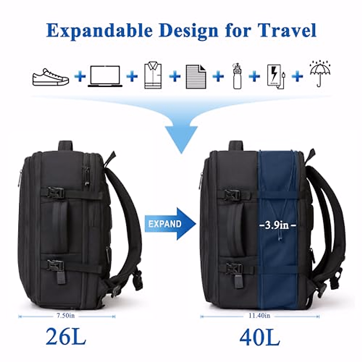 Yostorrie Large Travel Backpack for Men Women, 40L Airline Approved Carry on Backpack as Personal Item Size, Expandable Suitcase Backpack with Shoe Compartment, Waterproof Business Bag for 17in Laptop