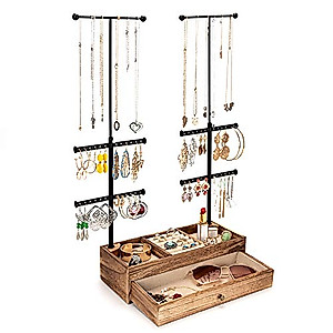 Emfogo Jewelry Organizer Stand Wood Basic Jewelry Drawer Storage Box with Double Rods & 6 Tier Jewelry Tree Stand Holder for Necklaces Bracelet Earring Ring Display(Carbonized Black)