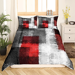 Art Graffiti Geomerty Comforter Cover,Red Grey White Rectangle Duvet Cover Set for Girls Teens Bedroom Gift,Abstract Geometric Painting Soft Bedding Set with 2 Pillowcases, Full Size (No Comforter)