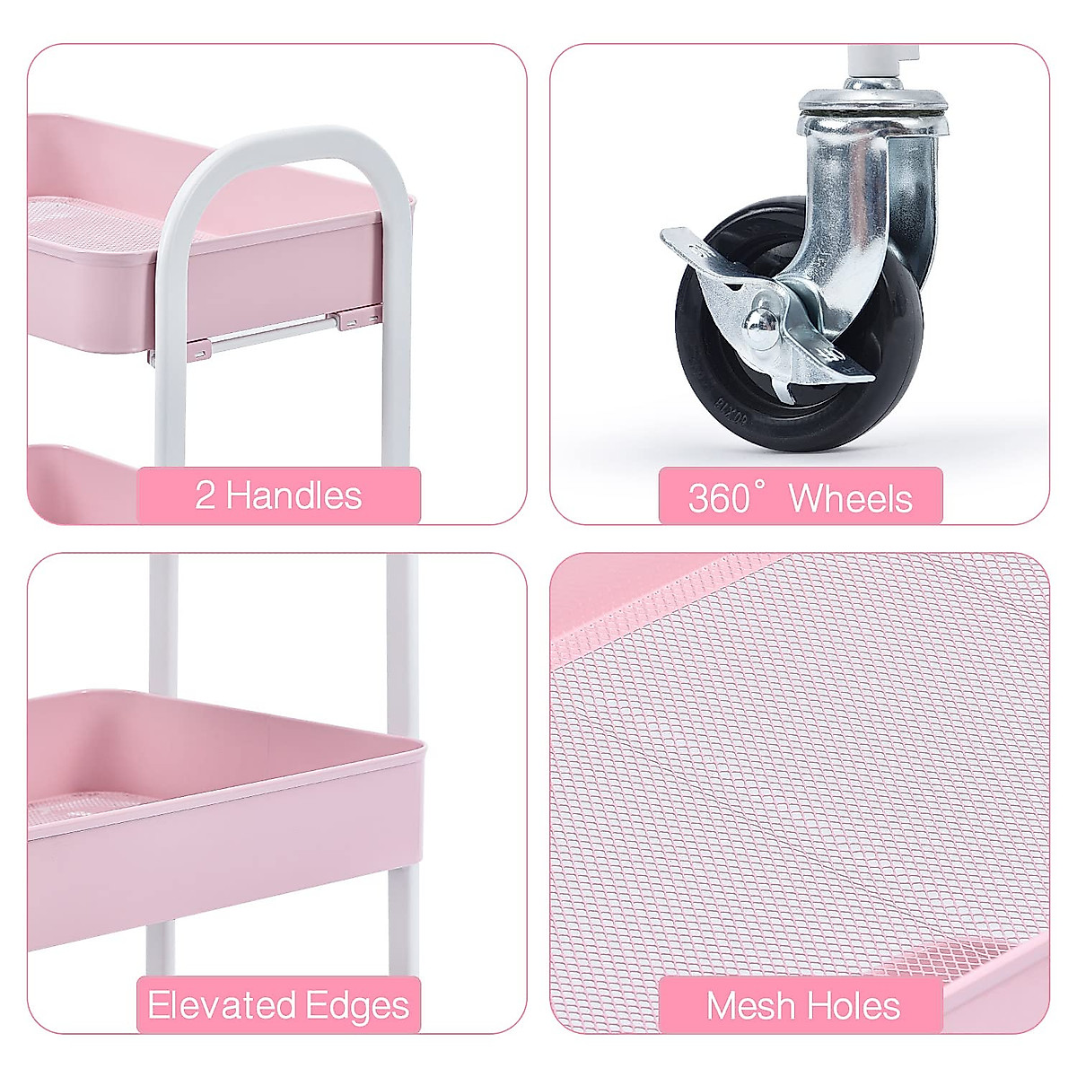 TOOLF 3 Tier Rolling Cart, No Screw Metal Utility Cart, Easy Assemble Utility Serving Cart, Sturdy Storage Trolley with Handles, Locking Wheels, for Classroom Office Home Bedroom Bathroom, Pink
