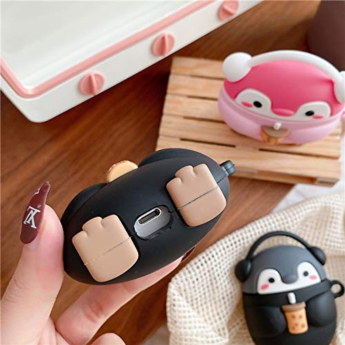 BONTOUJOUR Earphone Case Compatible with AirPods 1/2, Super Cute Standing Headphone Penguin Baby with Milk Tea in Hand Case, Stylish Kawaii Soft Silicone Earbud Protection Skin -Black