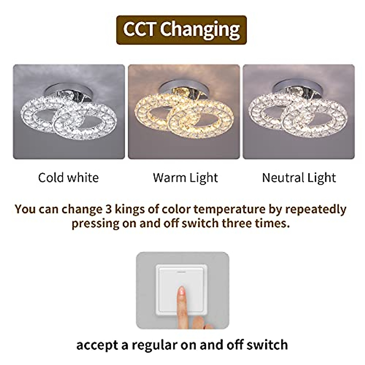 Kadomm Crystal LED Chandelier 2 Ring Light Fixture Flush Mount Pendant Light for Bedroom Modern LED Ceiling Light for Living Room Hallyway Ceiling Lamp (3-Color Light)