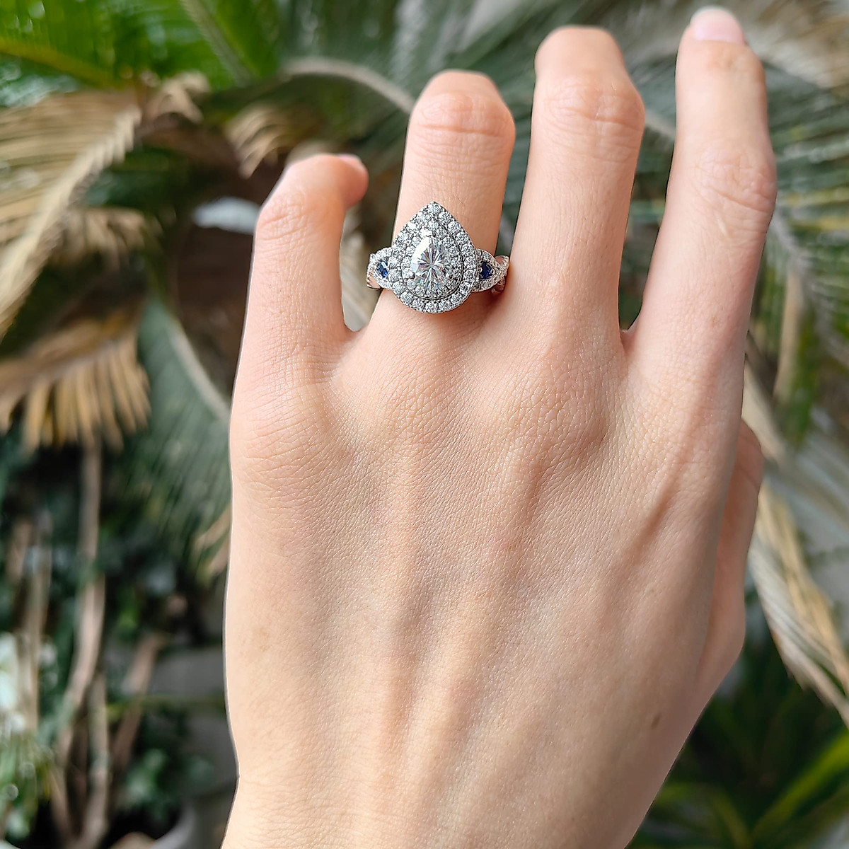 DovEggs Moissanite Engagement Rings for Women 3.1ctw Total 6x8mm GHI Pear Cut Moissanite Vintage Double Halo Wedding Ring Moissanite&Sapphire Accents 14k Gold QUALITY Sterling Silver Two Tone （7.5）