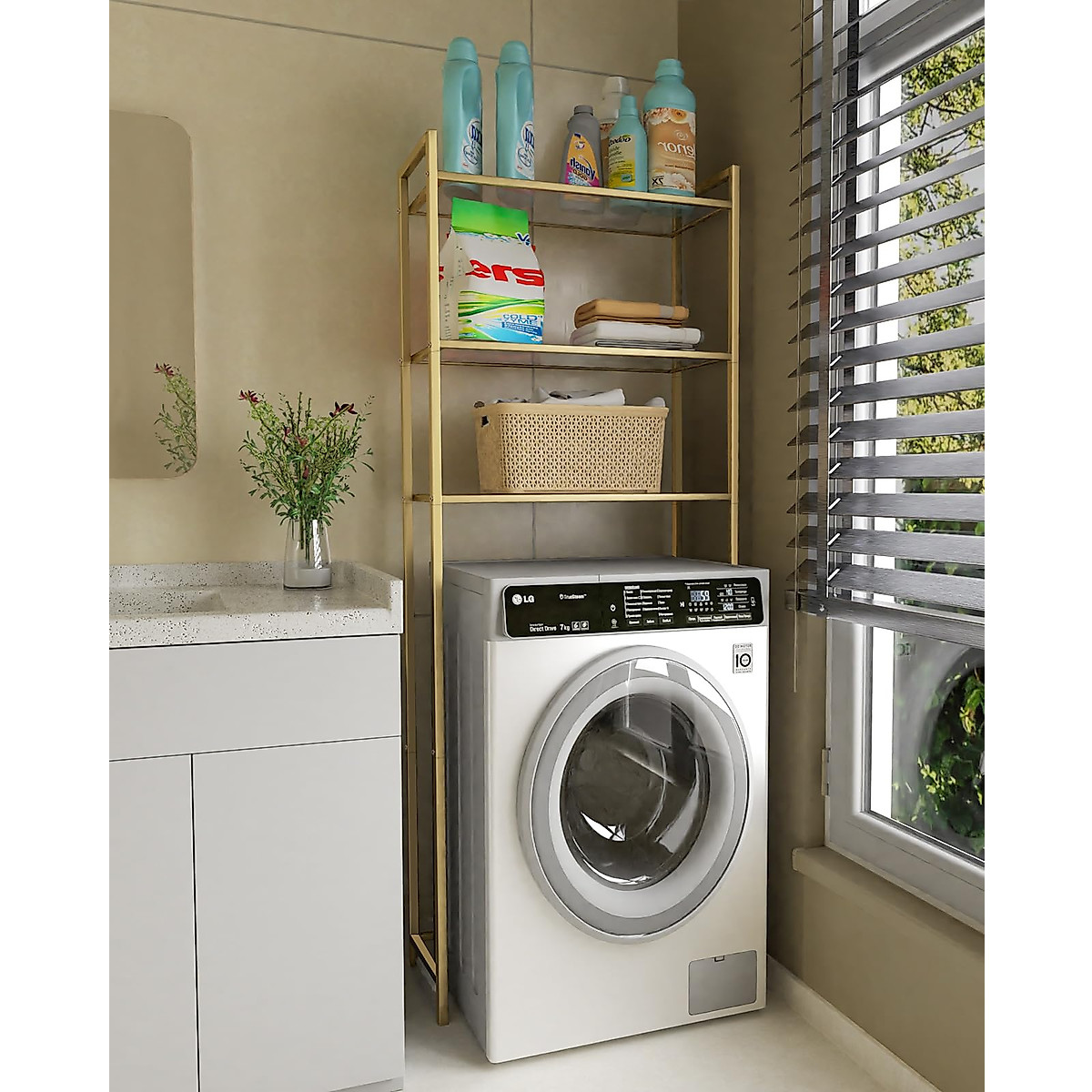 Homhedy Over The Toilet Storage, Metal 3-Tier Over-The-Toilet Bathroom Organizer Rack, Tempered Glass Shelves, Space-Saving, for Bathroom, Restroom, Laundry, Modern Style, Golden