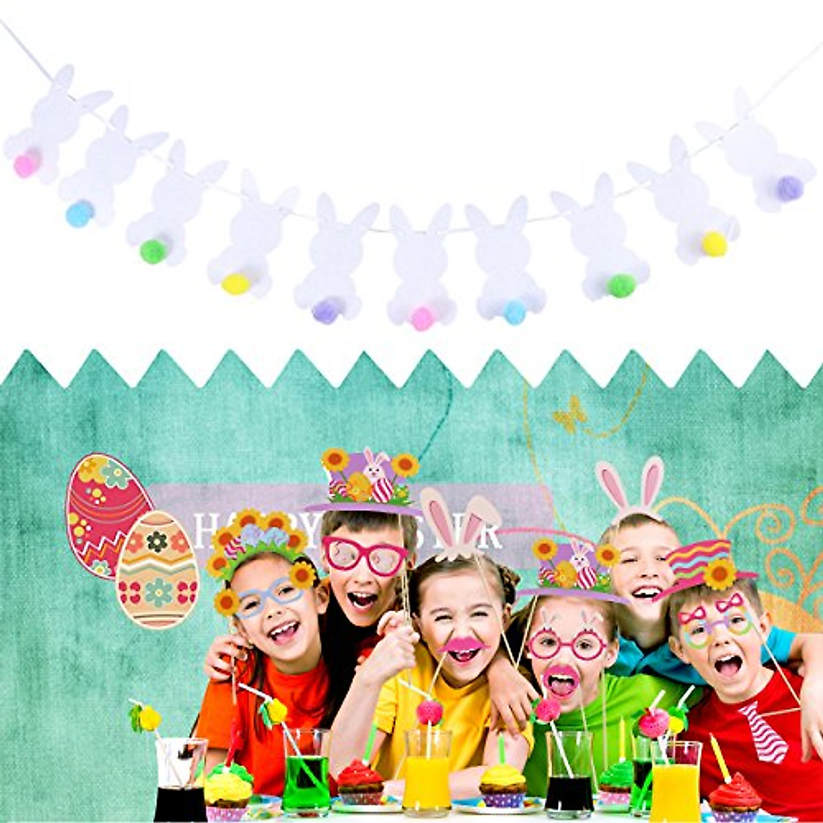 BESTOYARD Easter Banner Decorations White Rabbit Bunny Banner Bunting Garland Photo Prop
