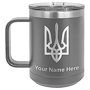LaserGram 15oz Vacuum Insulated Coffee Mug, Flag of Ukraine, Personalized Engraving Included (Gray)