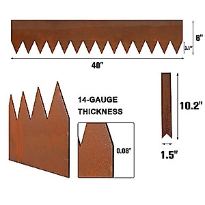 Worth Garden 6 Pack Cor-Ten Steel Landscape Edging w/Rust Patina Finish - 40" L x 8" H Strips - Hammer-in 14-Gauge Metal Corten Edging Border w/ 7 Clips & Gloves - Edge for Lawn Yard (20Ft Total)