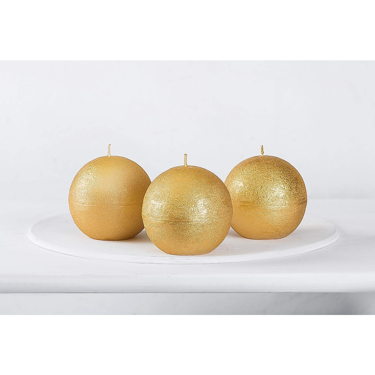 Set of 3 Sphere Ball Candles 3" Unscented Handpoured for Weddings, Home Decoration, Church, Restaurant, Spa, Smokeless Cotton Wick - Gold