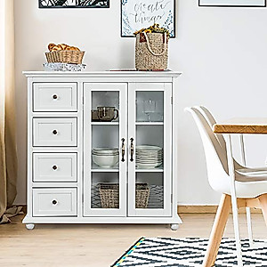 Giantex Buffet Sideboard, Wood Storage Cabinet, Console Table with 4 Drawers, 2-Door Credenza, Living Room Dining Room Furniture, Buffet Server, Kitchen Pantry Cupboard (White)