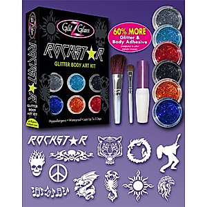 Rock N Rollin Stencil Set and Rock Star Glitter Tatto Kit - HYPOALLERGENIC and DERMATOLOGIST TESTED! - with 6 Large Glitters & 12 Stencils for Temporary Tattoos