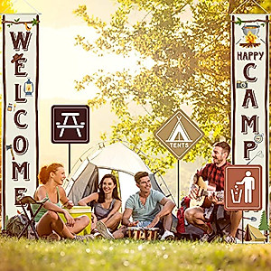 Camping Themed Party Decorations Set, Big Size Laminated Camping Sign Cutouts, Camping Party Banner Welcome Porch Sign for Camping Themed Birthday Baby Shower Decorations