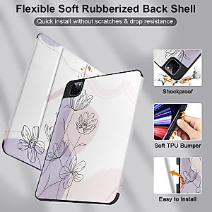 TWOLSKOO Case for iPad Pro 11-inch 4th Generation 2022, [Built-in Pencil Holder] Trifold Stand & Auto Wake/Sleep, Shockproof Cover Soft Back Shell, Also Fit iPad Pro 11" 3rd/2nd/1st Gen, Floral Line