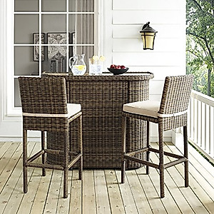 Crosley Furniture 3-Piece Bradenton Outdoor Wicker Bar Set with Two Stools and Cushions - Sand