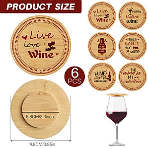 KIKINIKO 6 Pack Wine Glass Covers Funny - Fun Wooden Wine Glass Covers to Keep Bugs Out with Bamboo Toppers - Wine Accessories for Parties, Housewarming Gifts