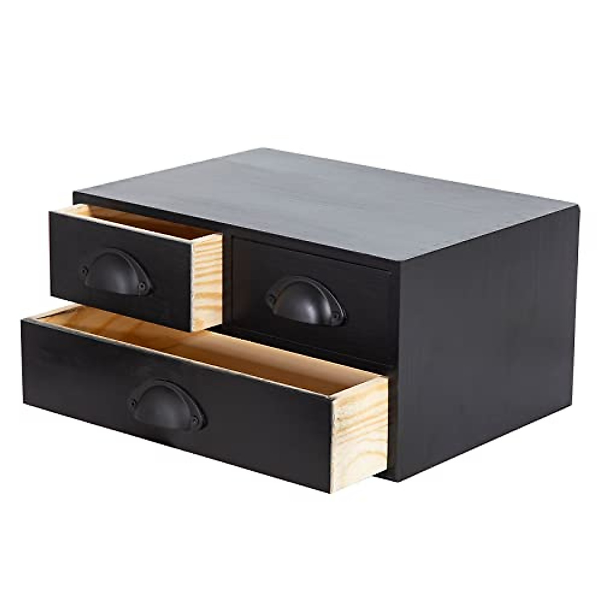 ExoLiry Rustic Black Wood Desk Storage Cabinet 3 Wide Drawers Countertop Bamboo Organizer Jewelry Box Holder Metal Handles Table Top Wooden Keepsake Caddy Home Office Farmhouse Antique Mini Dresser