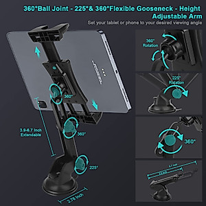 Tablet Car Dashboard & Windshield Mount, Universal 360° Adjustable Window Dash Suction Cup Holder for iPad Pro 12.9/11/10.5/9.7/Air/Mini 6 5 4, Samsung Galaxy, 4.7-12.9" Tab & Phone, 1* TPU Sticky Pad