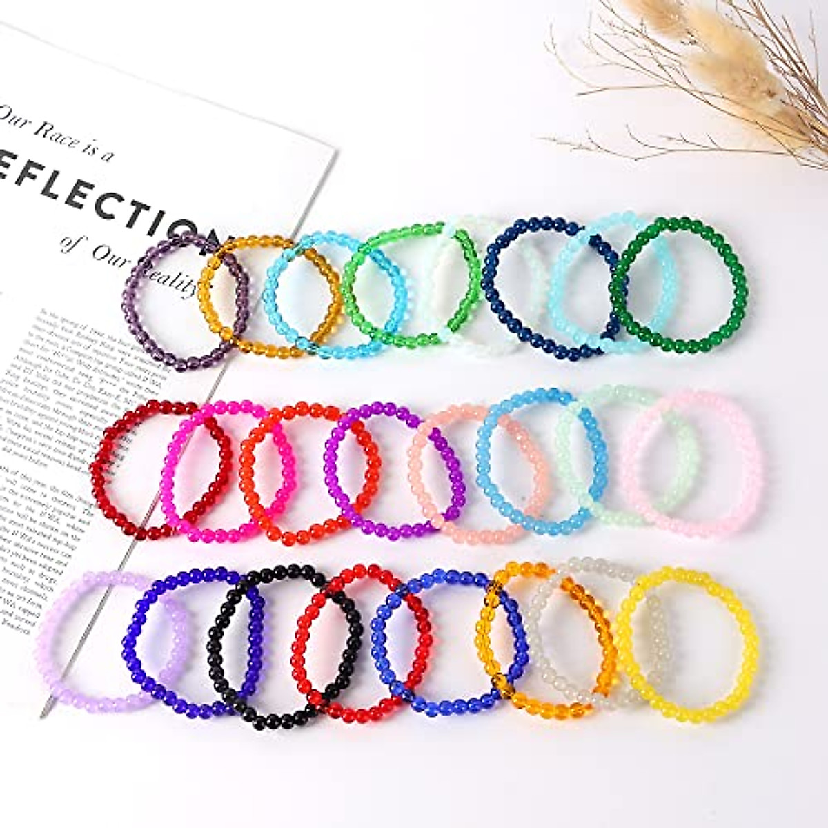 MOZAKA 24Pcs 6mm Beaded Stretch Bracelets Multicolor Glass Crystal Beaded Bracelets Set for Women Handmade Round Glass Beads Elastic Bracelets Jewelry Gifts