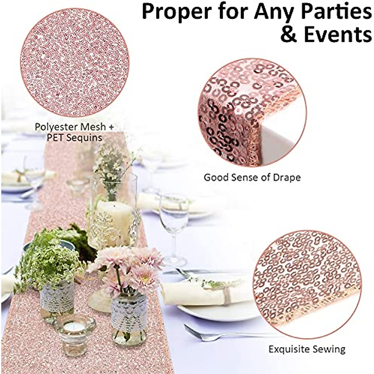 FGSAEOR Rose Gold Tablecloth, 12x108inch Sequins Table Runners and 54x108inch Plastic Table Cloths for Party Decorations, Sparkling Party Supplies Table Cover for Indoor Outdoor Parties