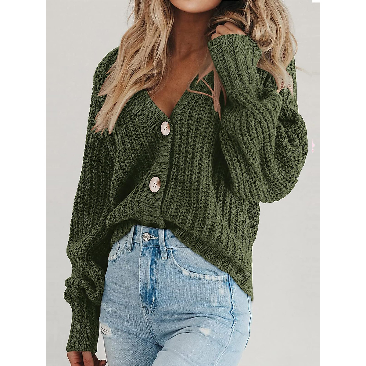PRETTYGARDEN Women's Long Sleeve Plain Button Down Sweater Classic V-Neck Knit Cardigan Open Loose Outwear Coats (Army Green,Small)